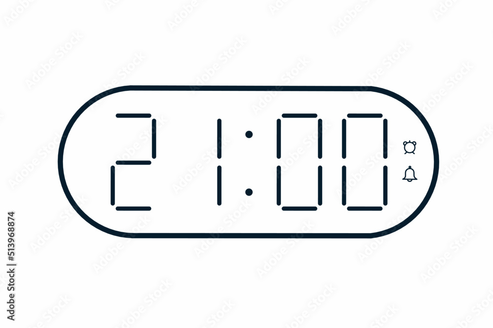 Vector flat illustration of a digital clock displaying 21.00 ...