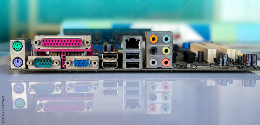 Close up ports on the back of the computer motherboard.The back of the ...