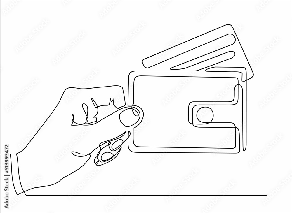Continuous one line drawing of hand holding wallet with credit card ...