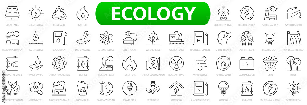 Ecology Line Icons Set 50 Ecology And Nature Green Symbol Collection