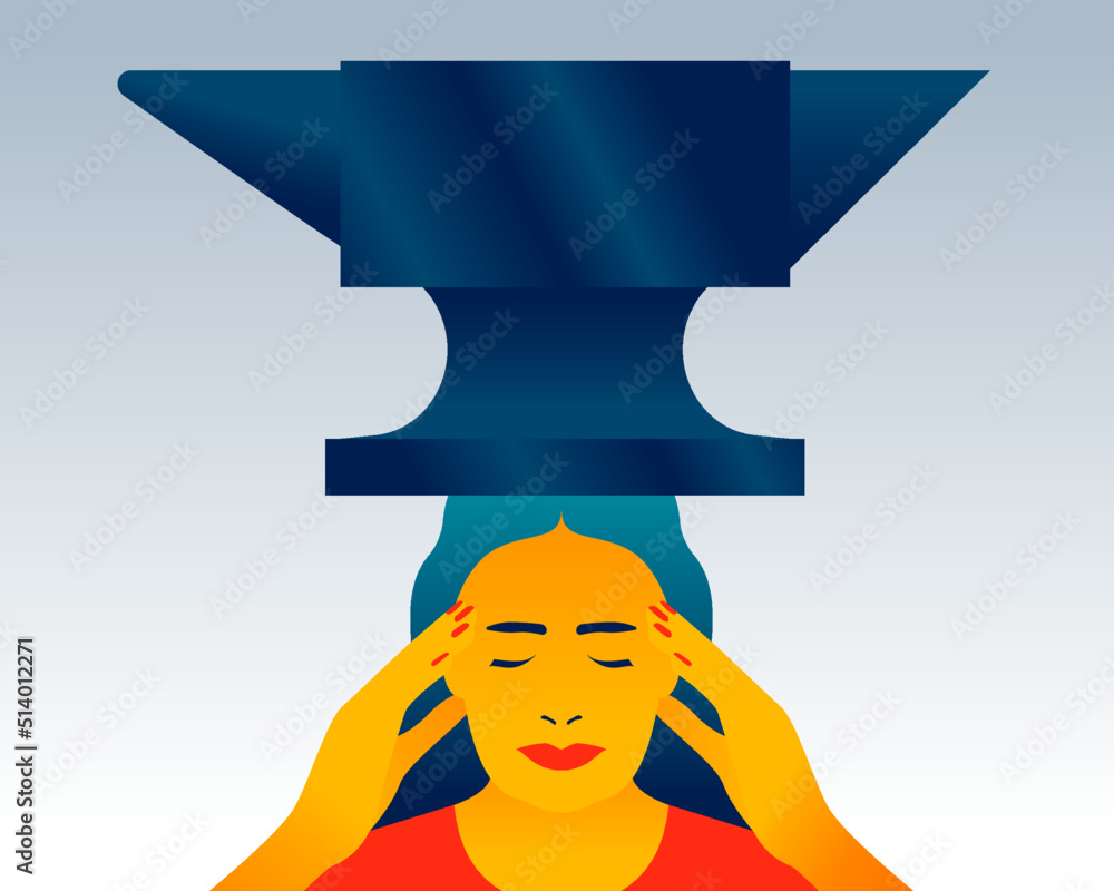 Woman with an anvil above his head. Feeling pain and headache concept ...
