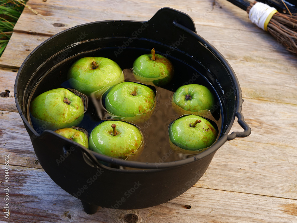 Fresh Apples in a cauldron for bobbing at Halloween Stock Photo | Adobe ...