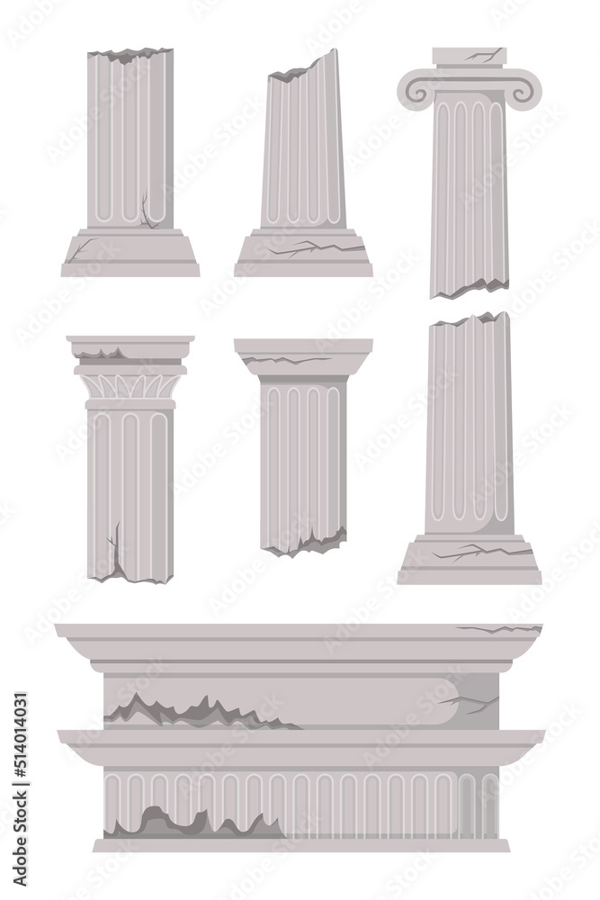 Broken stone columns vector illustrations set. Historic monument ...
