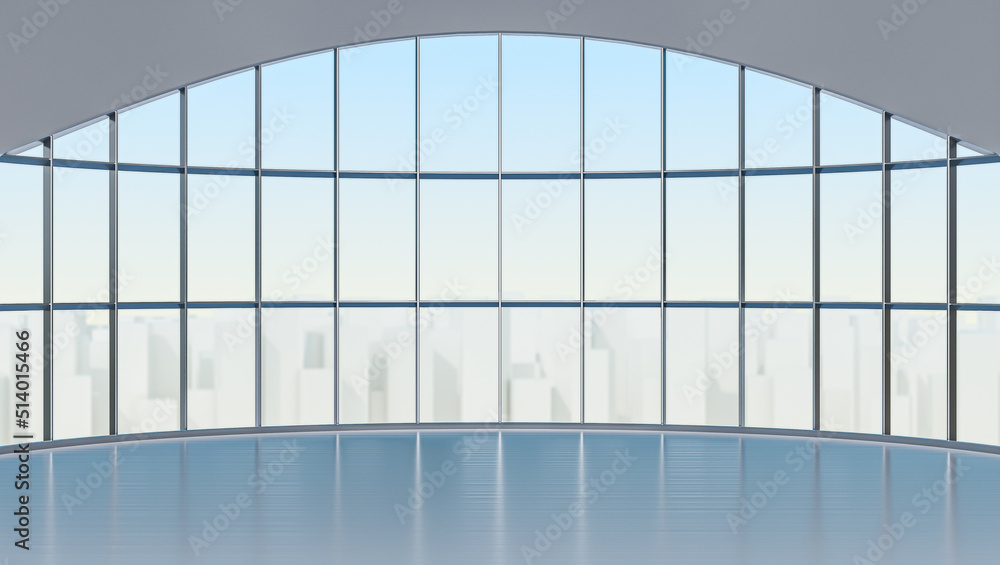 Curve window with white city background. Open space product display ...