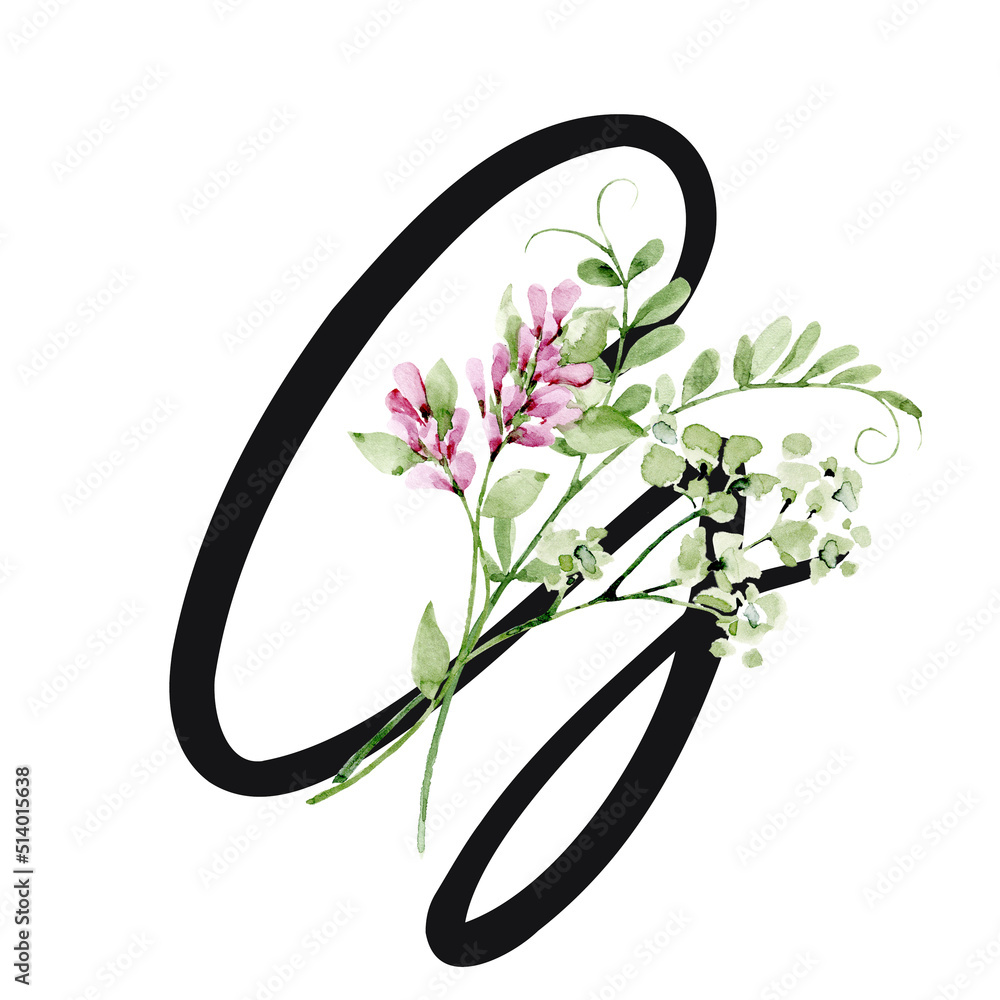 Floral alphabet, letter G with watercolor flowers and leaf. Monogram ...