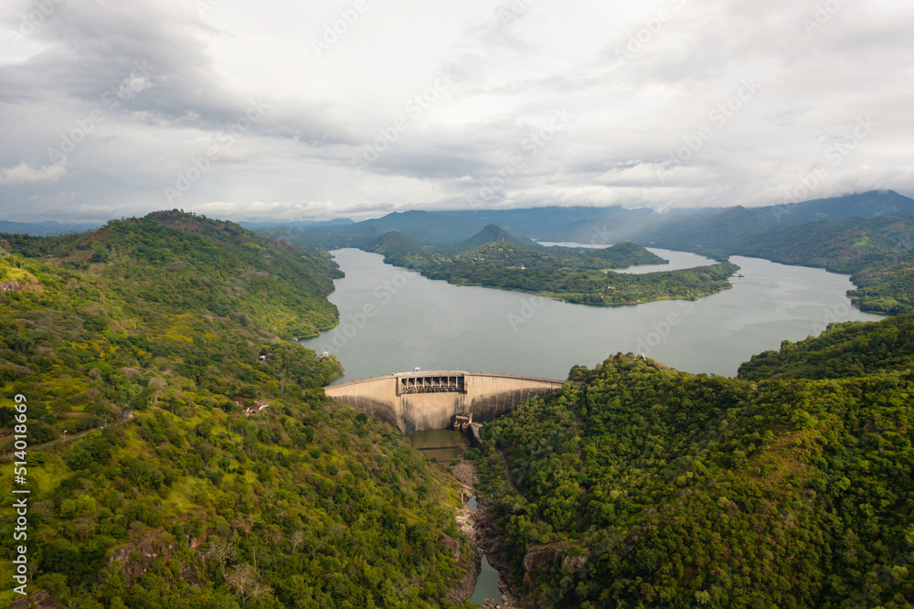 Top view of Victoria Dam on a reservoir and hydro power plant in the ...