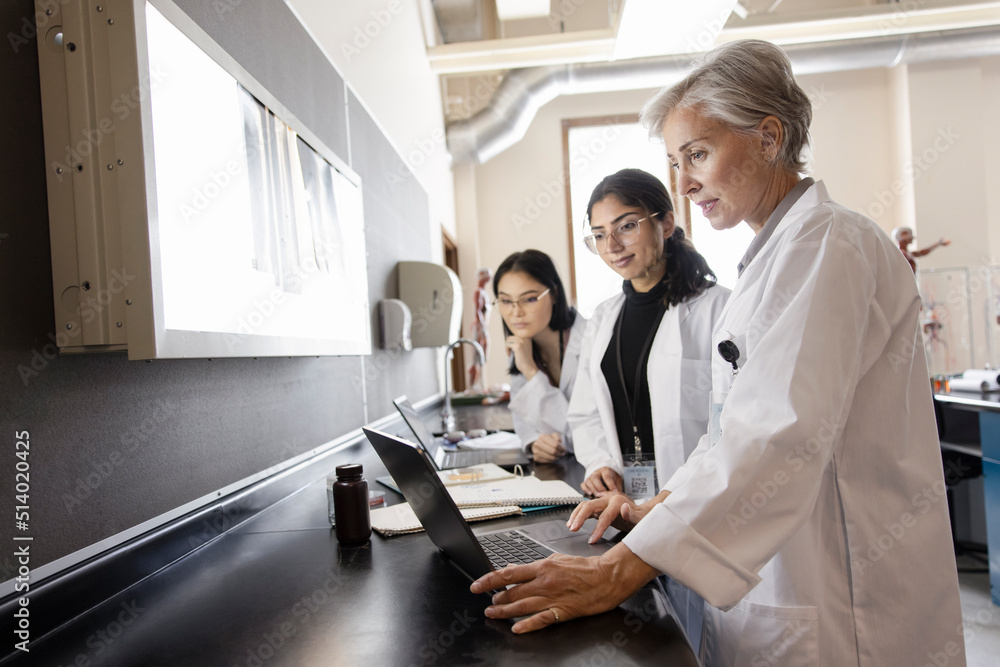 Female college professor and students using laptop in science laborato ...