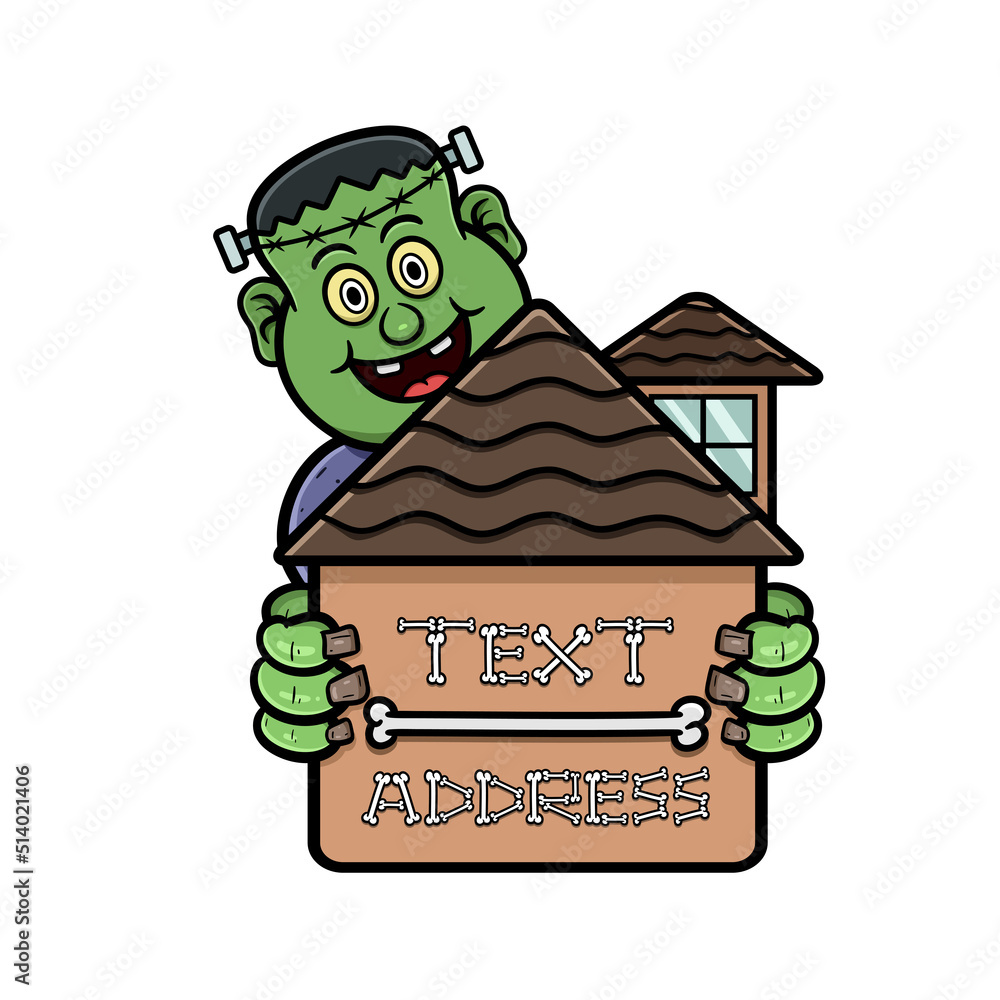 Cartoon Mascot Of Cute Frankenstein With Street house number name plate ...