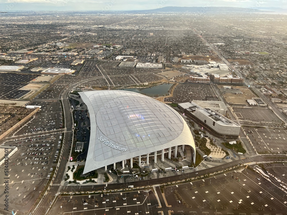 LOS ANGELES, CA, DEC 2021: aerial view of So-Fi Stadium, 70,000 seat ...
