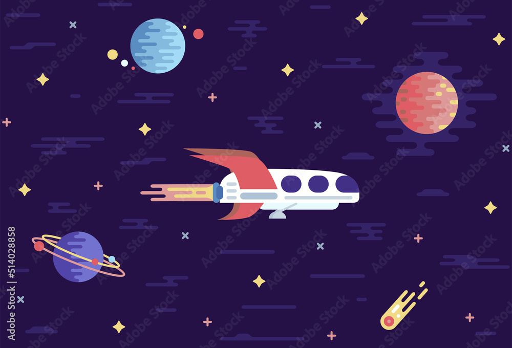 Vector illustration in flat cartoon stile -Spaceship flies in space ...