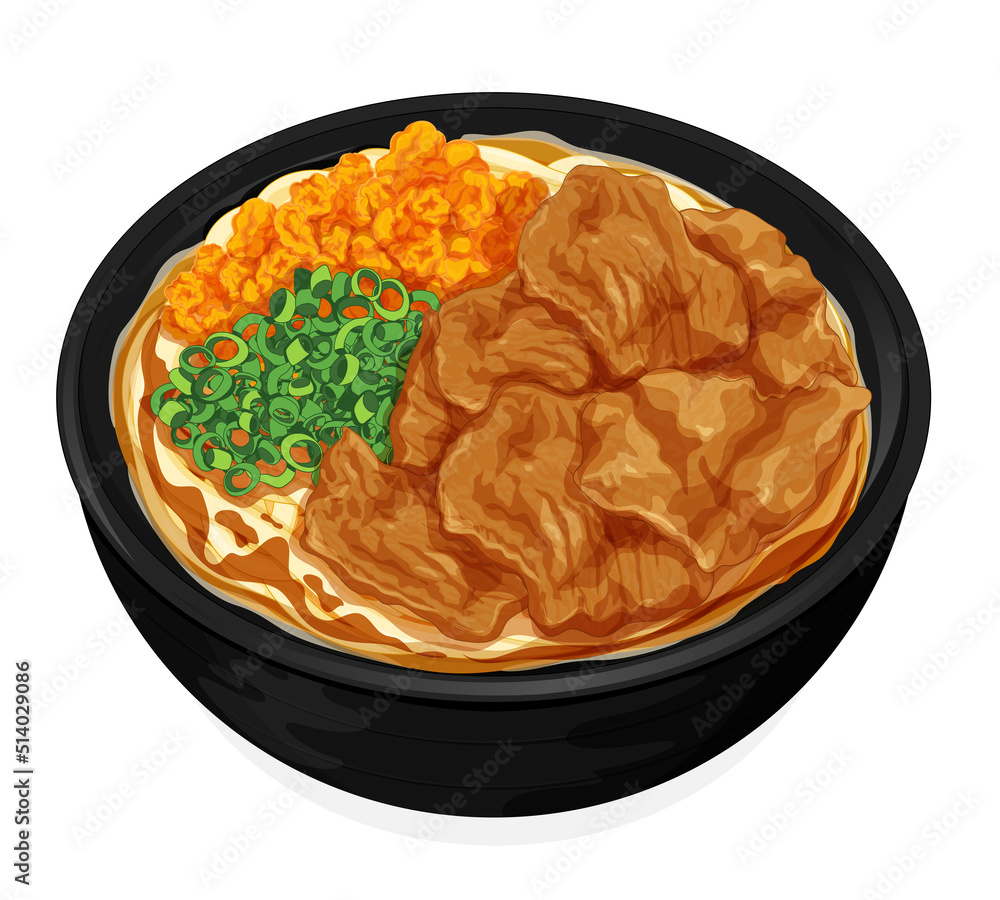 Traditional japanese abura udon noodle bowl with beef, tempura bits ...