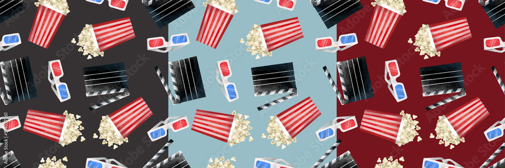 Set of hand drawn seamless patterns with cinema elements. Colorful ...
