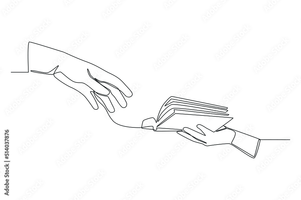 Single one line drawing Hand Giving Book. Sharing knowledge concept ...