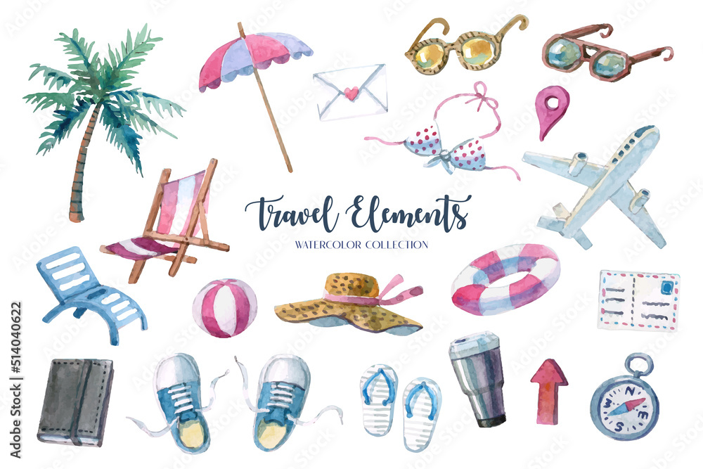 Watercolor painting of travel elements collection. Stock Vector | Adobe ...