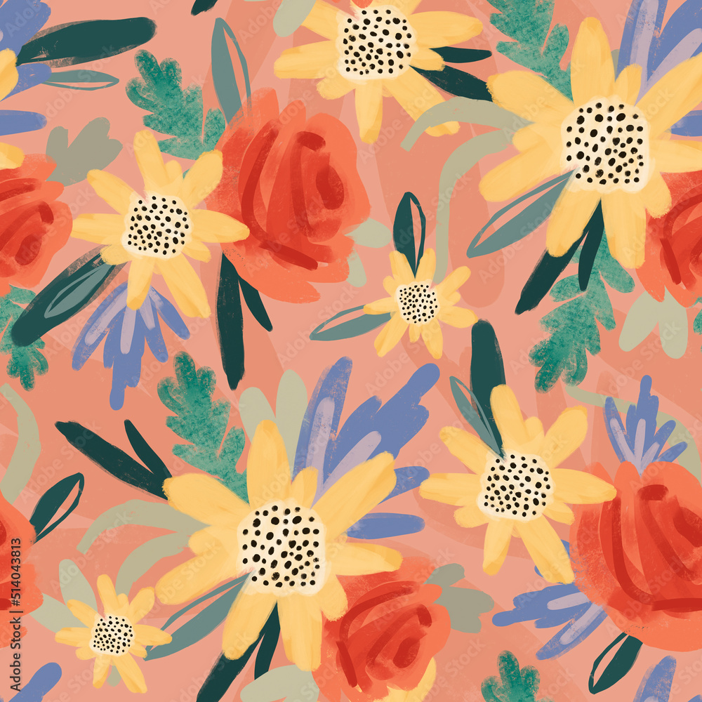 Seamless pattern with abstract flowers and leaves on a peach background ...