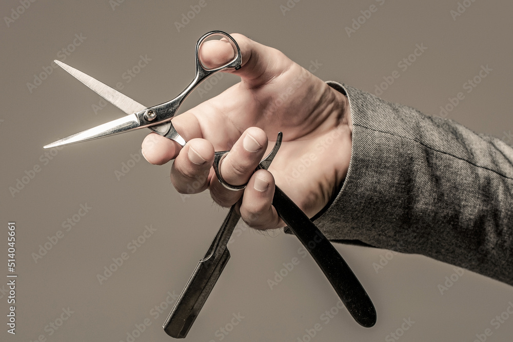 Barber scissors and straight razor, barber shop, suit. Vintage barber ...