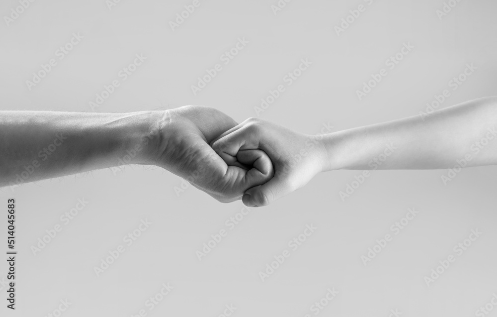 Woman and kid hands connect with each other. Friendly handshake ...