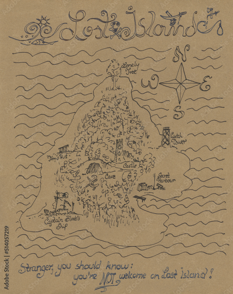 Drawing of a map of a fantasy island. It has a castle, a forest and a ...