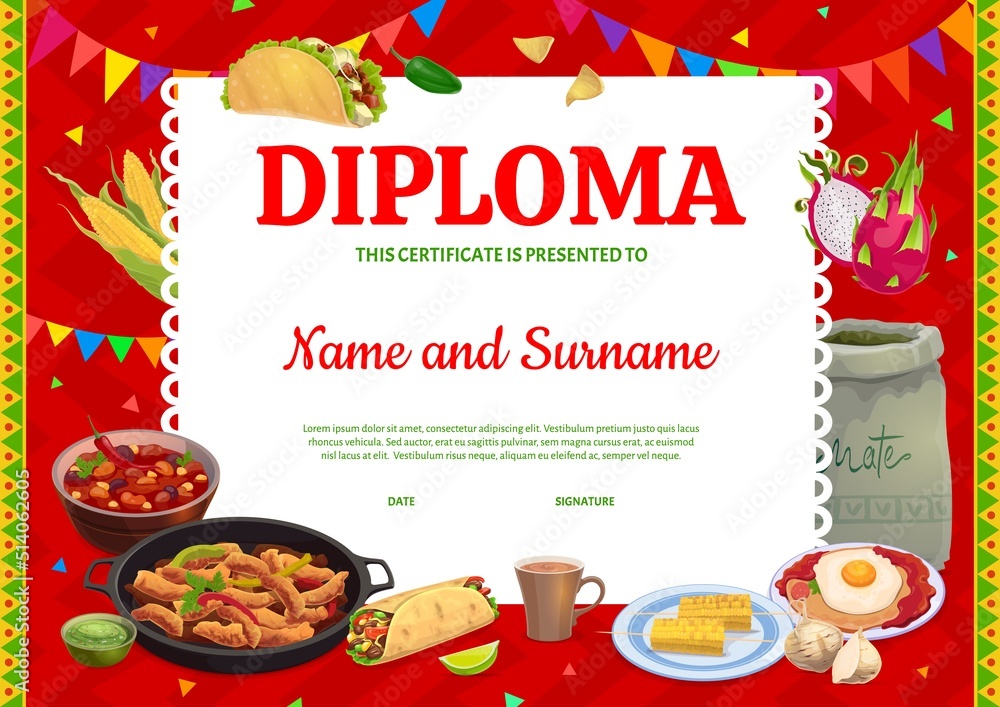 Chef diploma. Mexican cuisine meals, sauces, fruits and tea, vector ...