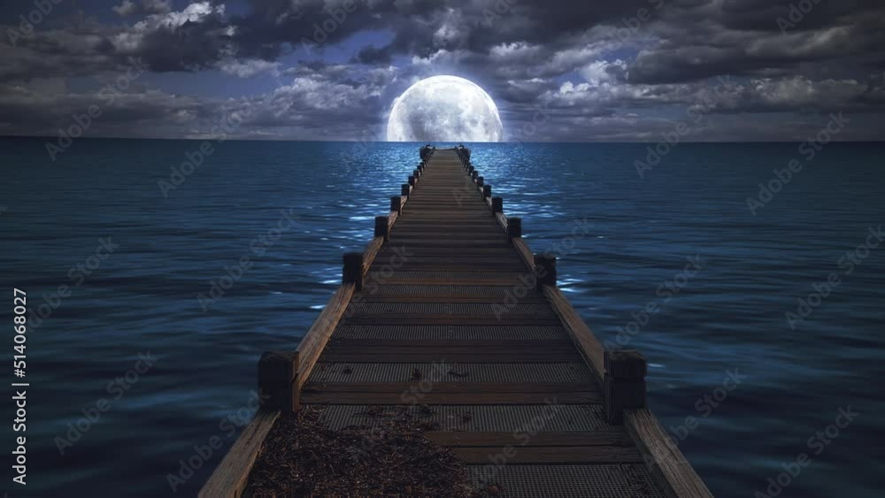 Ocean Pier Moonrise Horizon Motion Background. Animation of an empty ...