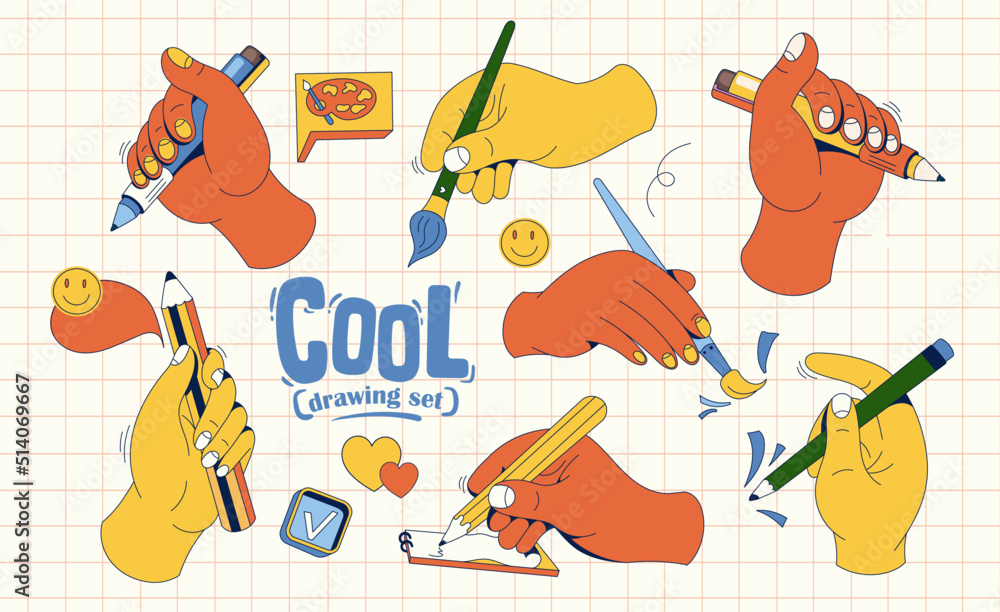Vector set of illustration hands with objects. Set in the style of 90s ...