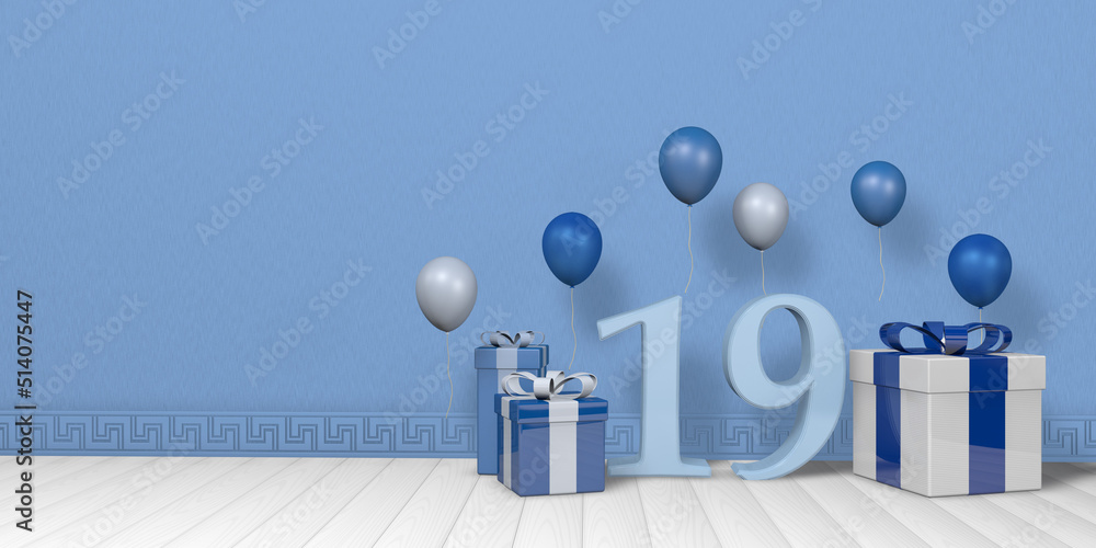 Light blue number 19 among blue and white gift boxes adorned with ...