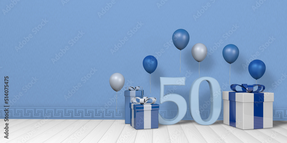 Light blue number 50 among blue and white gift boxes adorned with ...