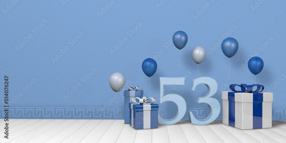 Light blue number 53 among blue and white gift boxes adorned with ...