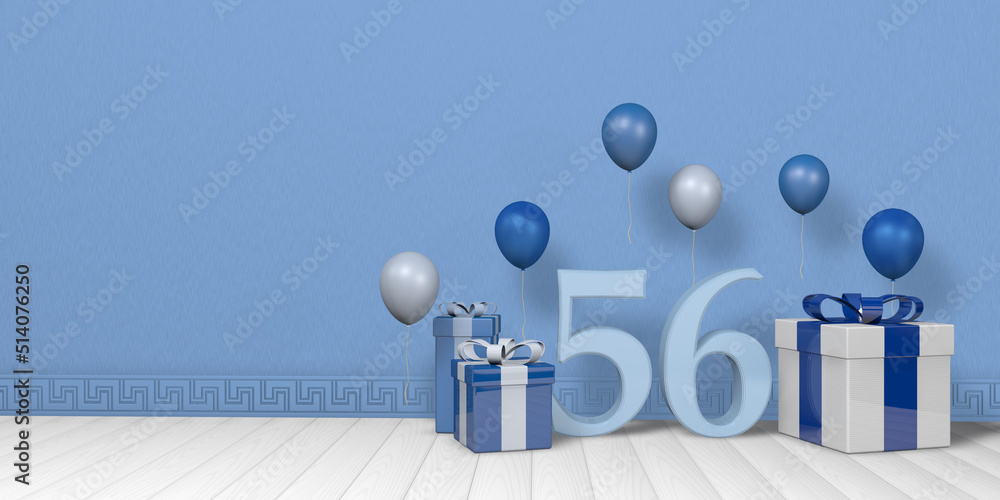 Light blue number 56 among blue and white gift boxes adorned with ...