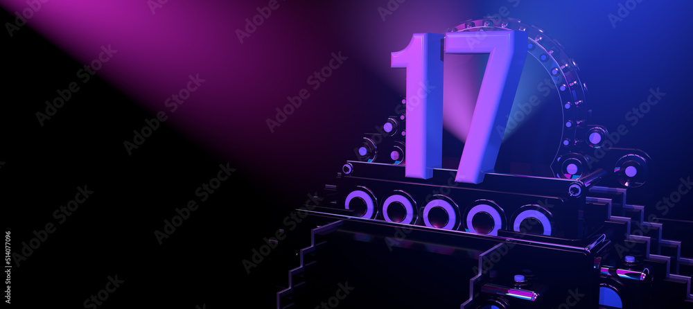 Solid number 17 on a reflective black stage illuminated with blue and ...