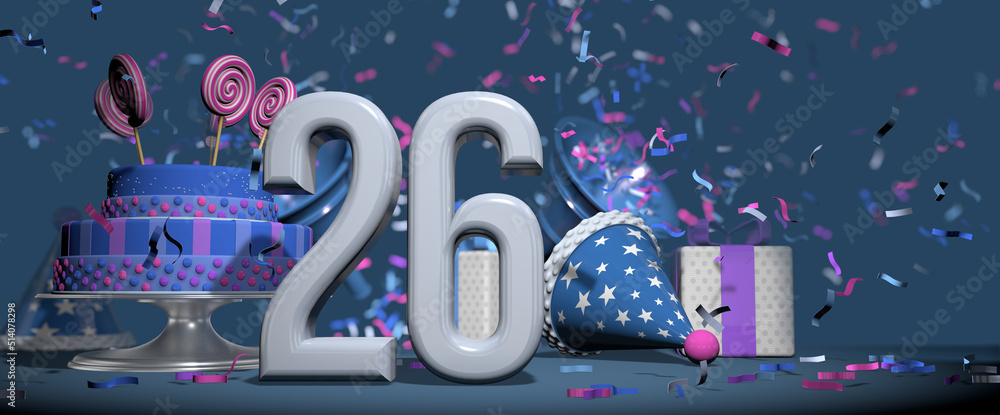 Solid white number 26 in the foreground, birthday cake decorated with ...