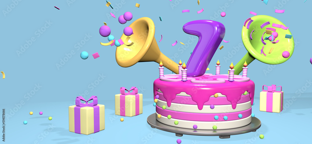 Pink birthday cake with thick purple number 7 surrounded by gift boxes ...
