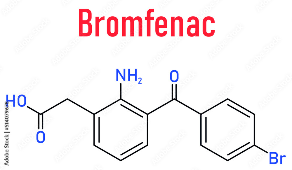 Skeletal formula of Bromfenac NSAID eye drop drug molecule. Stock ...