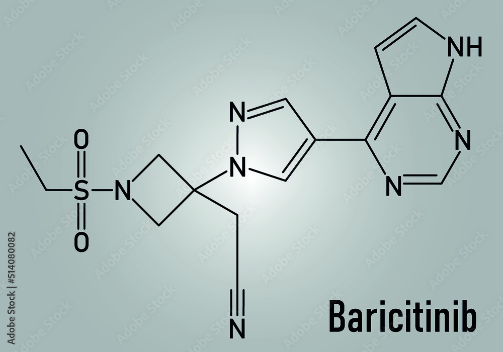 Skeletal formula of Baricitinib inhibitor drug molecule. Under ...