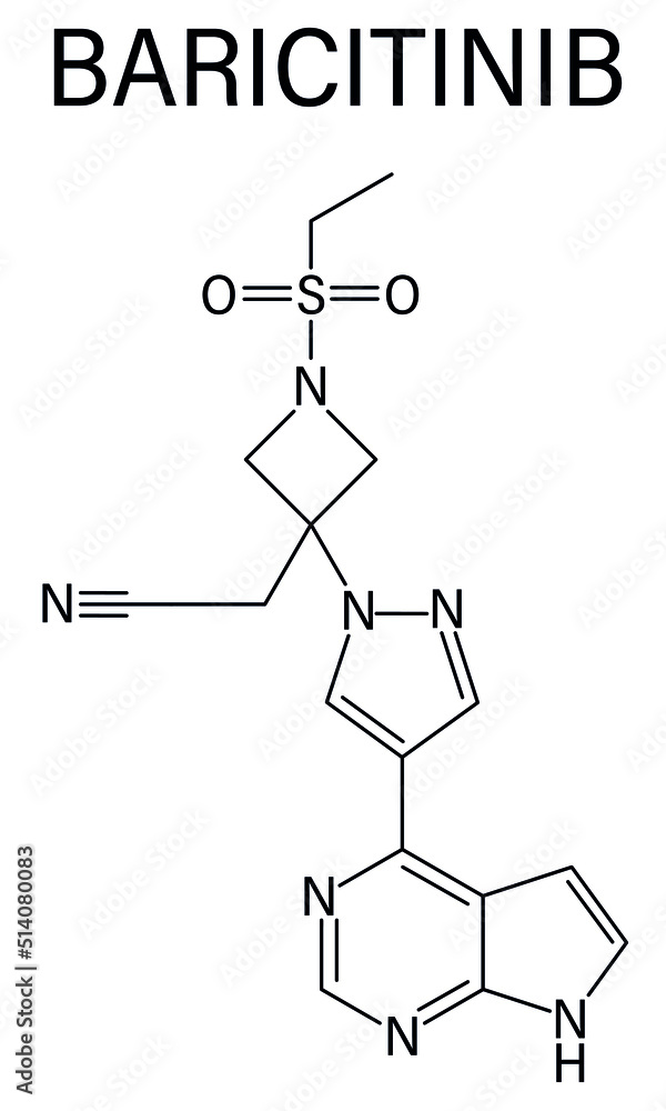 Skeletal formula of Baricitinib inhibitor drug molecule. Under ...