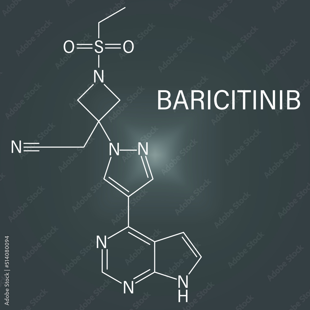 Skeletal formula of Baricitinib inhibitor drug molecule. Under ...