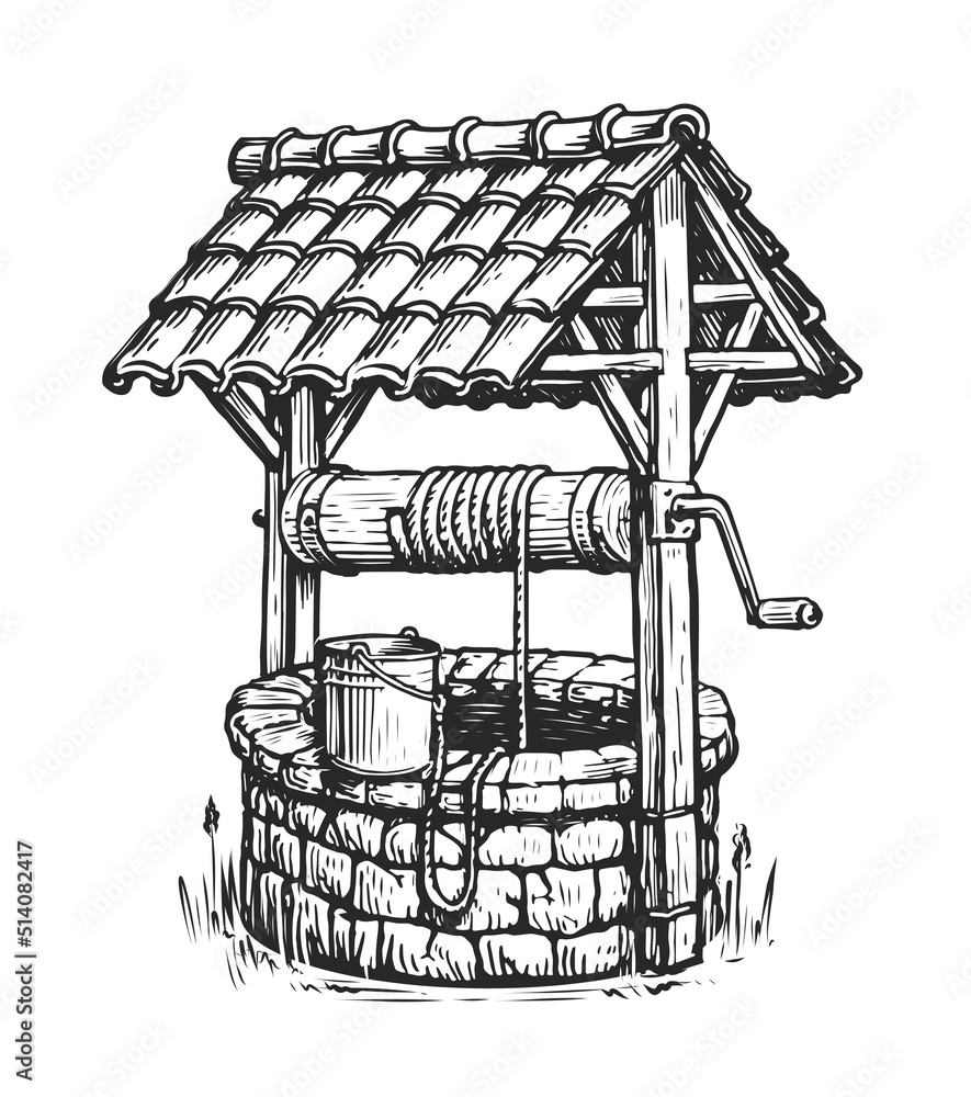 Rustic stone well with bucket and drinking water. Hand drawn sketch in ...