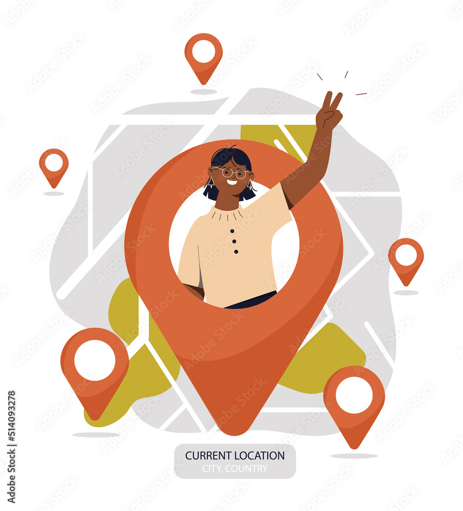 Current location concept. Woman on map peeks out of label. Geolocation ...