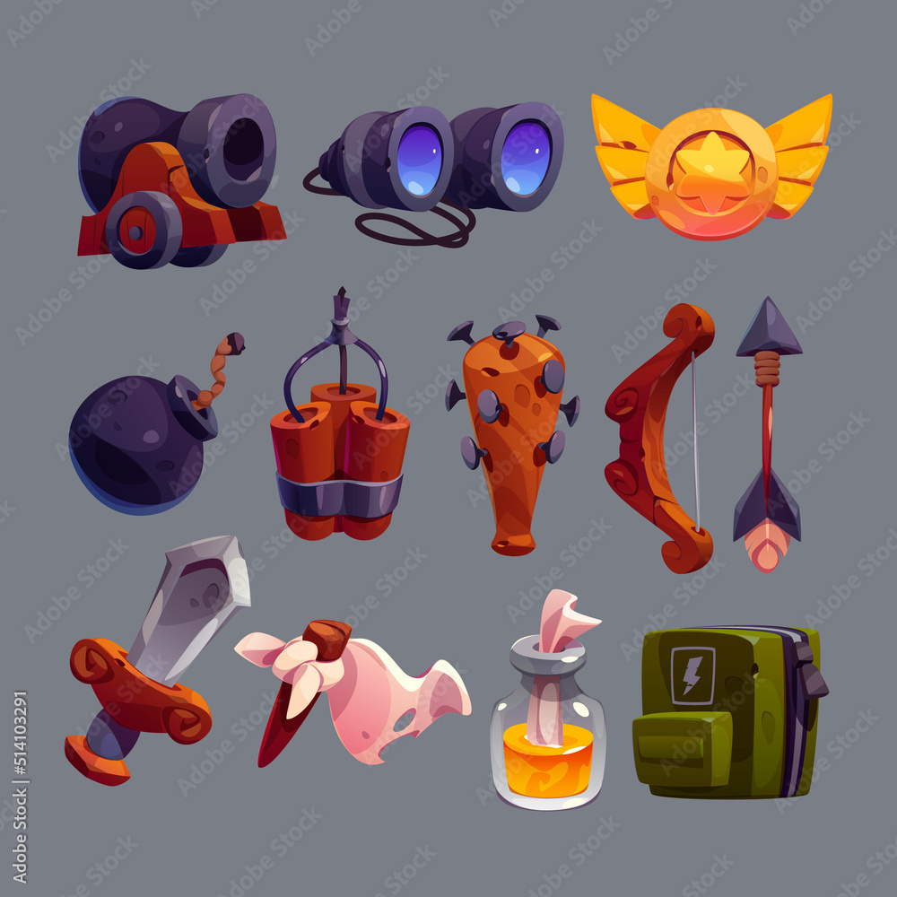 Military game icons cartoon vector set. Isolated war weapon collection ...