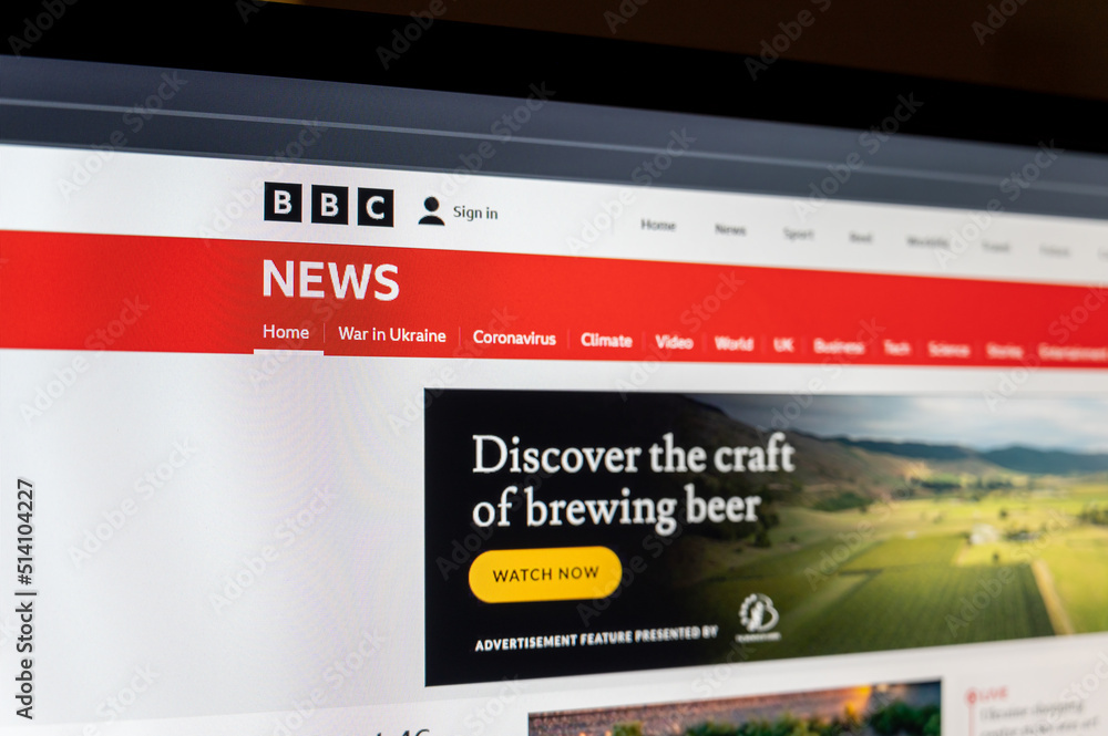 BBC News webpage on PC screen. BBC News is operational division ...