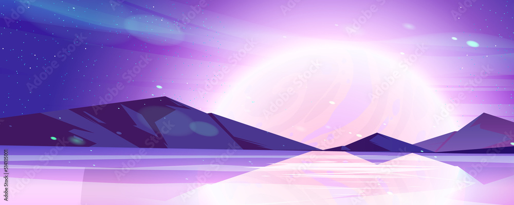 Alien planet landscape, space background. Water pond and purple ...