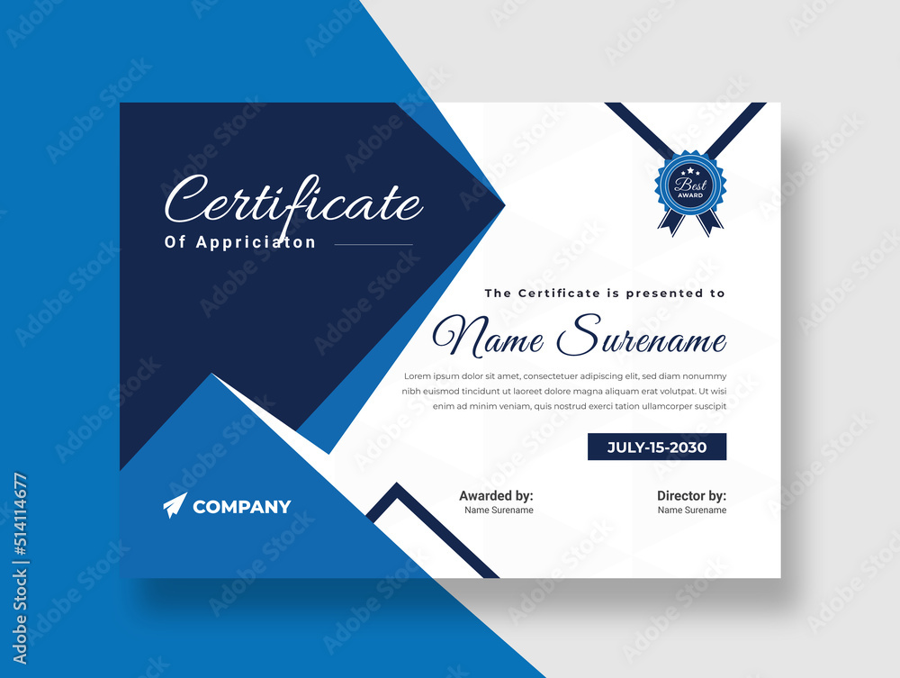 Blue Appreciation and Achievement Certificate Template Design, Clean ...