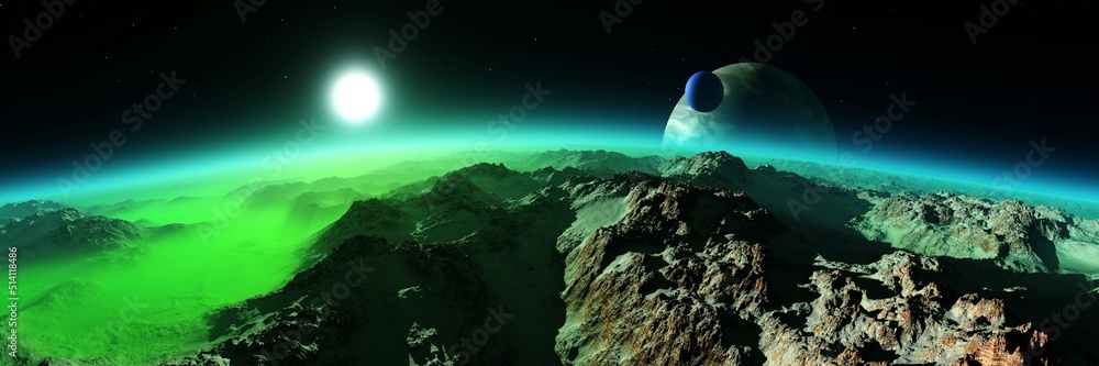Beautiful fantastic alien landscape at star rise, alien planet surface ...
