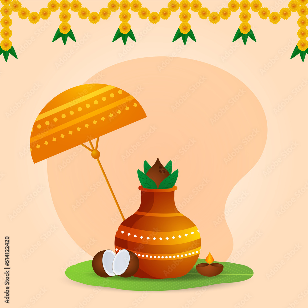 Illustration Of Worship Pot (Kalash) With Coconut, Lit Oil Lamp (Diya ...
