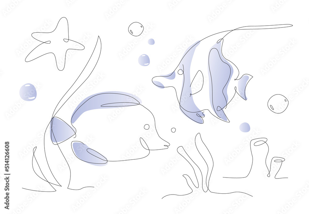 one line aquarium fish. ocean life moorish idol and Hippo Tang. outline ...