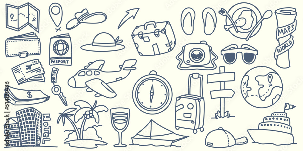 Hand drawing doodle travel elements trip to around the world with ...