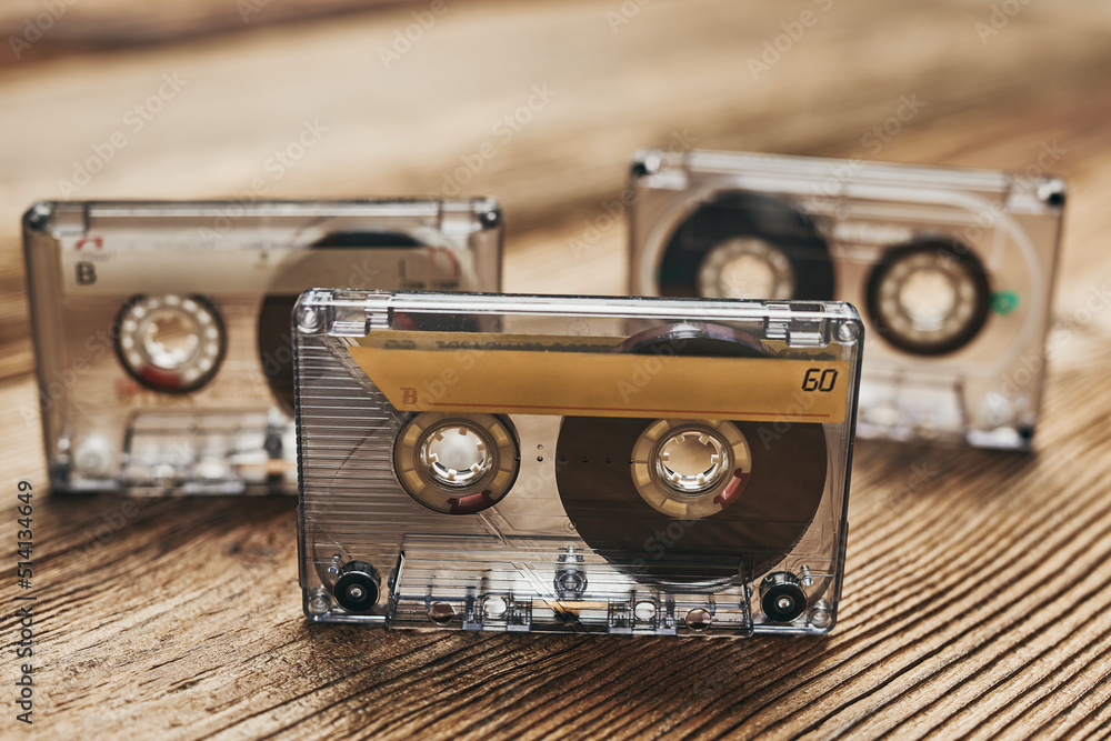 Tape cassettes. Magnetic cassette tapes. Retro music style. 80s music ...