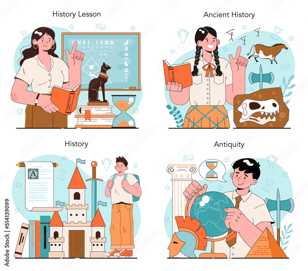 History lesson concept set. History school subject, knowledge of the ...