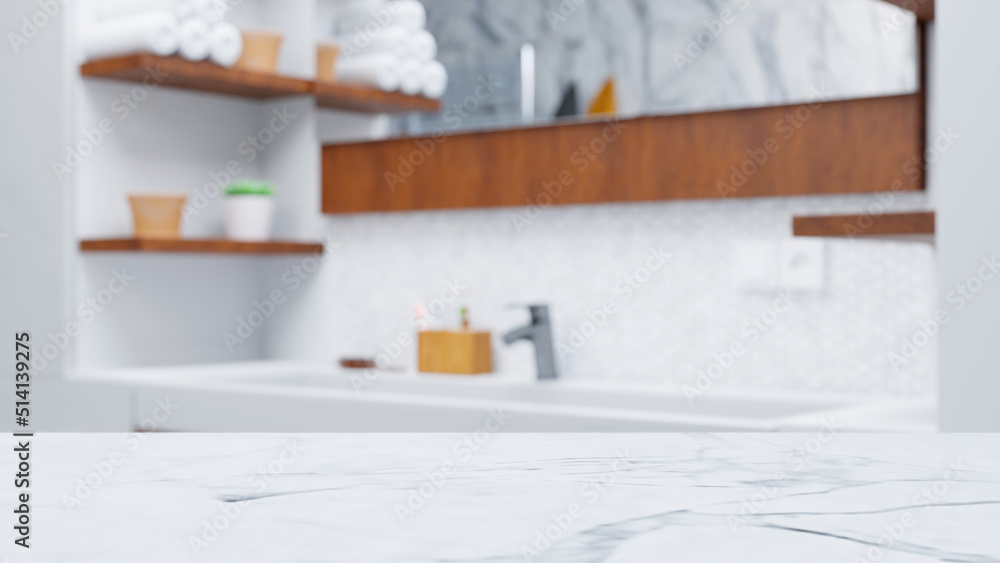 3D illustration of a bathroom with a blurry background and a marble ...