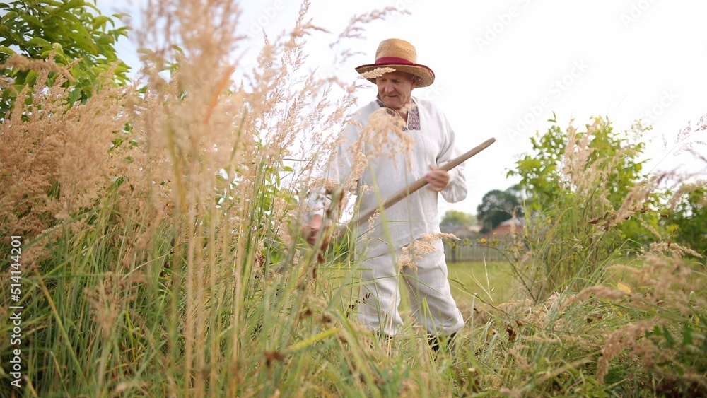 Worker mowing tall grass with lawn trimmer in city park backyard ...